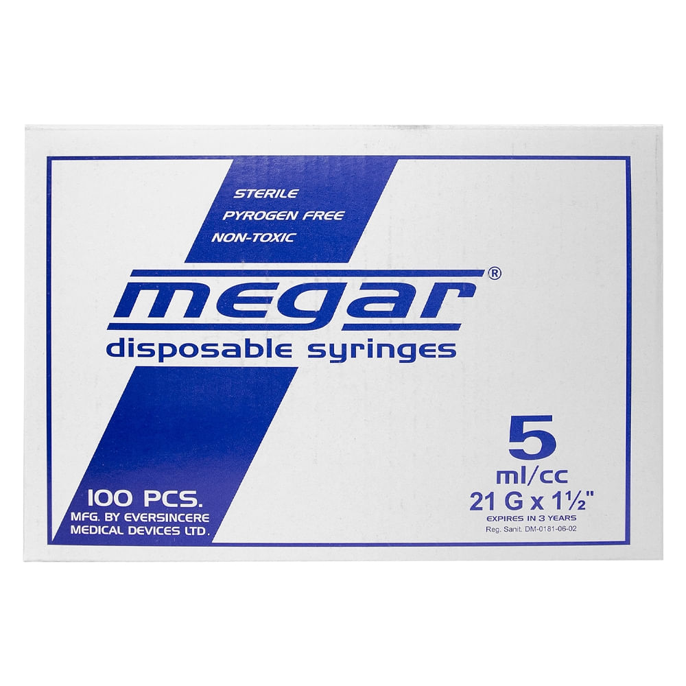 Megar Jeringa 5 mL 21 g 1-1/2Pulg con 100 Unidades - Farmacias Medicity
