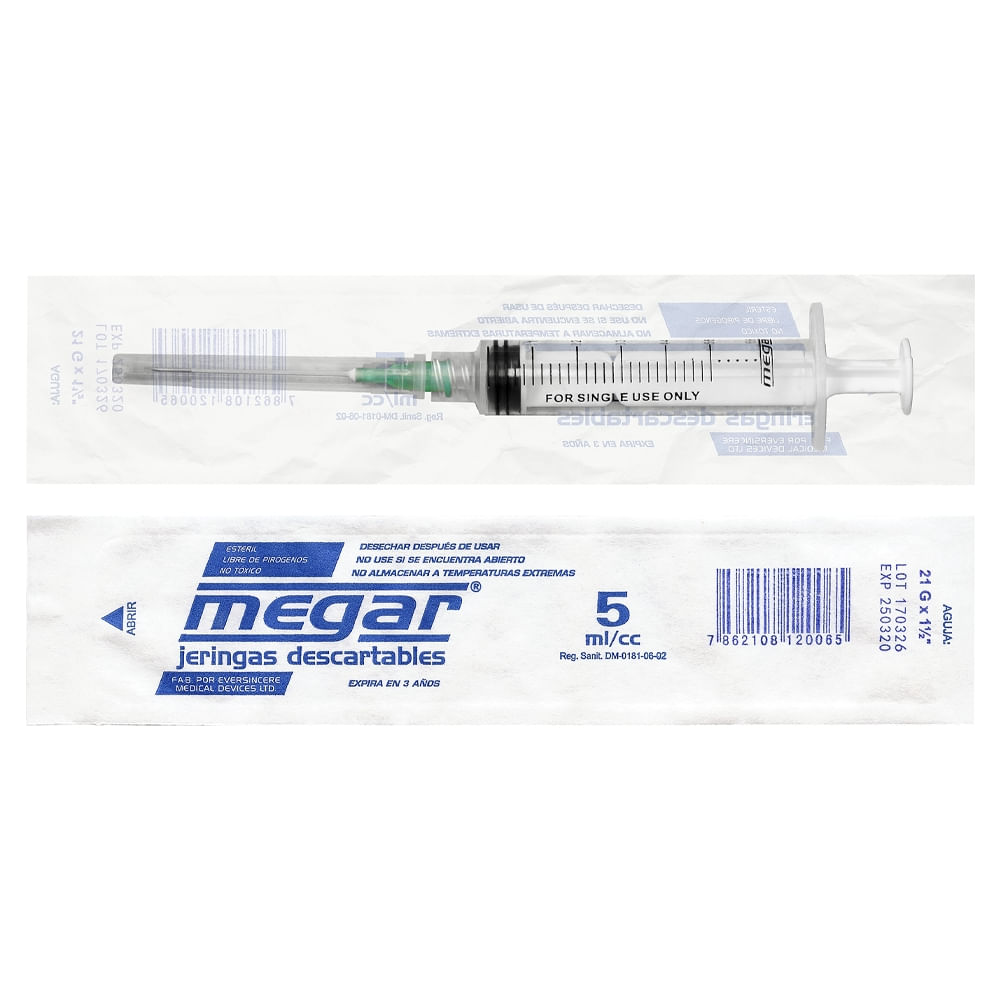 Megar Jeringa 5 mL 21 g 1-1/2Pulg con 100 Unidades - Farmacias Medicity