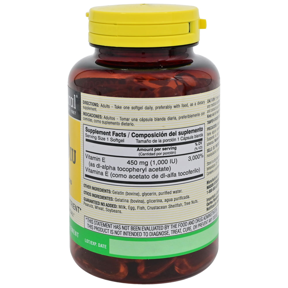 Mason Vitamina E Cápsulas Blandas 1000Ui Frasco 100 Unidades ...